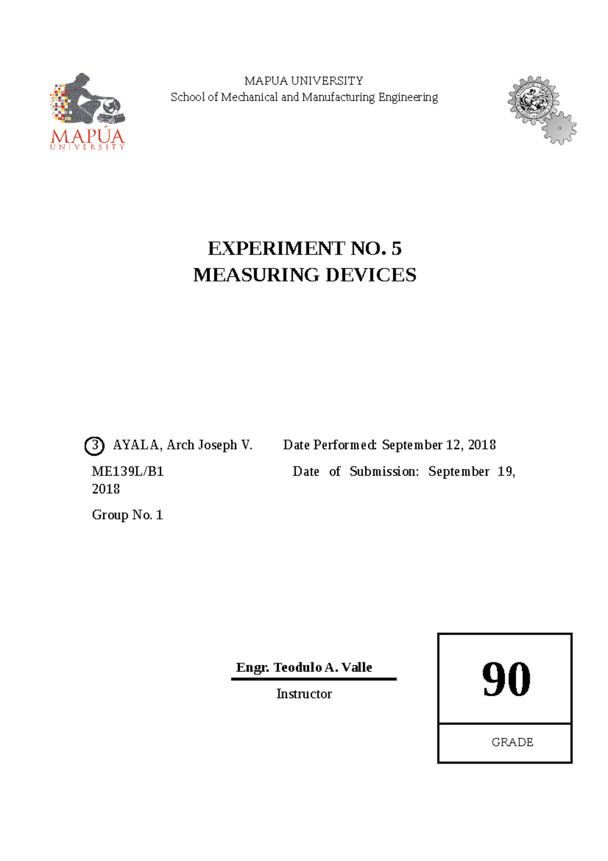 Experiment 5 Ayala - Laboratory Report - MAPUA UNIVERSITY School of ...