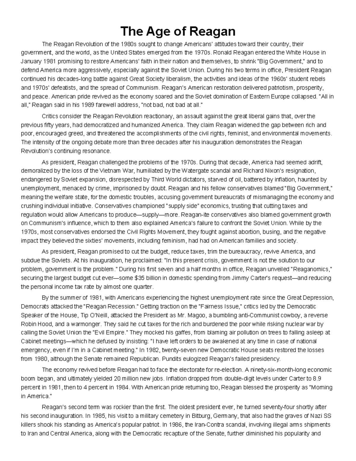 The Age of Reagan - The Age of Reagan The Reagan Revolution of the ...