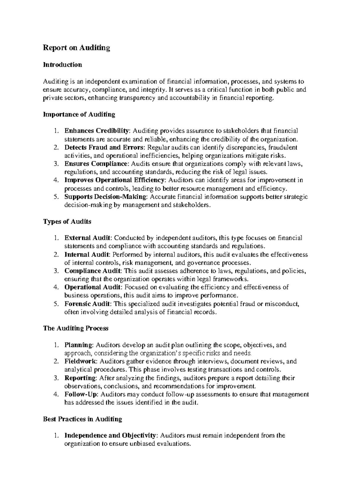 Report on Auditing - Report on Auditing Introduction Auditing is an ...