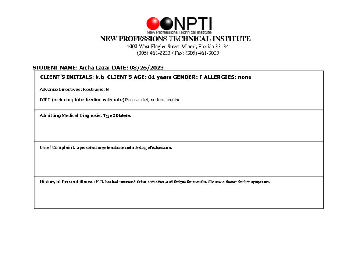 Care plan 1 - Care plan - NEW PROFESSIONS TECHNICAL INSTITUTE 4000 West ...
