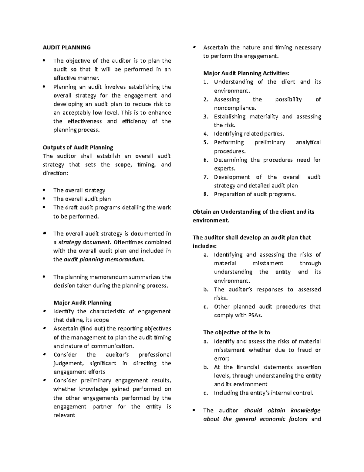 Audit Planning - Lecture notes 5 - AUDIT PLANNING The objective of the ...