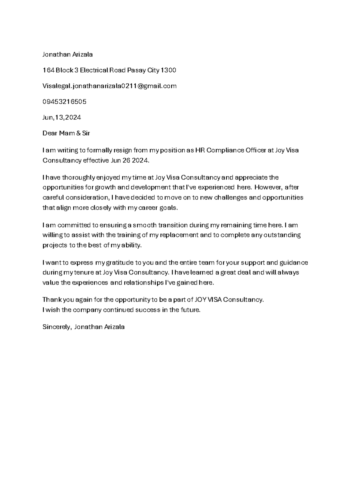 Resignation Letter - swdasdad - Jonathan Arizala 164 Block 3 Electrical ...