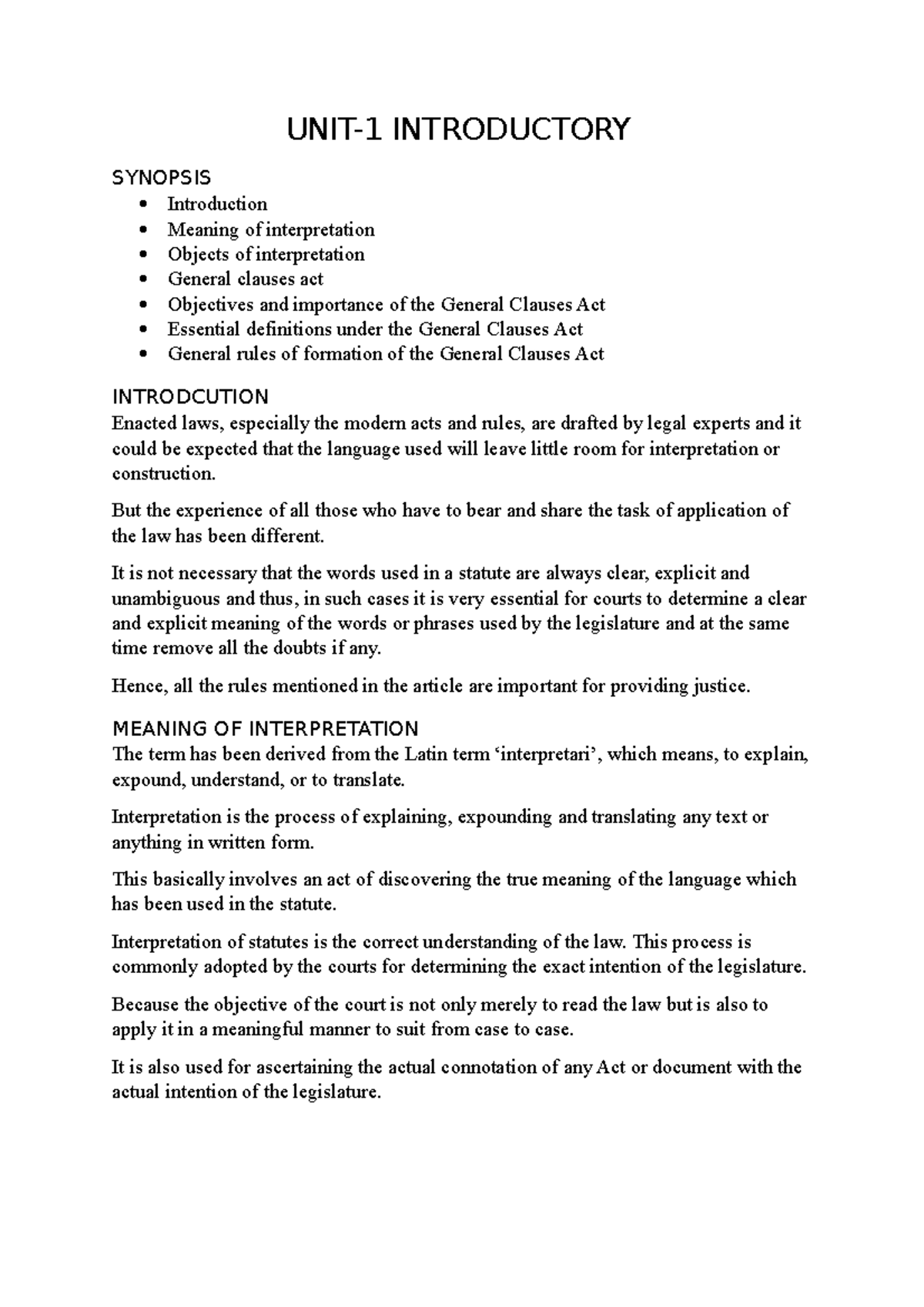 Unit 1 - UNIT-1 INTRODUCTORY SYNOPSIS Introduction Meaning of ...