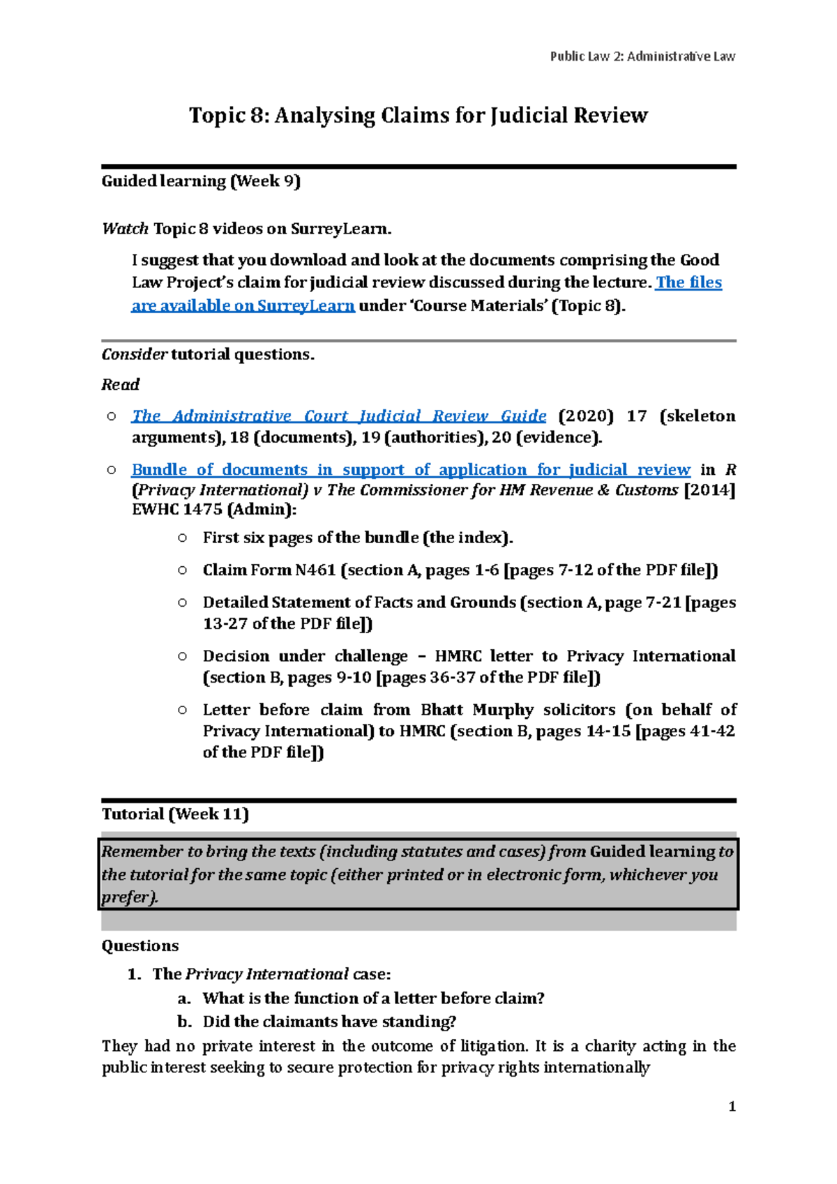 PL2 2020 Topic 8 - Public Law tutorial notes for tutorial 8 on judicial ...