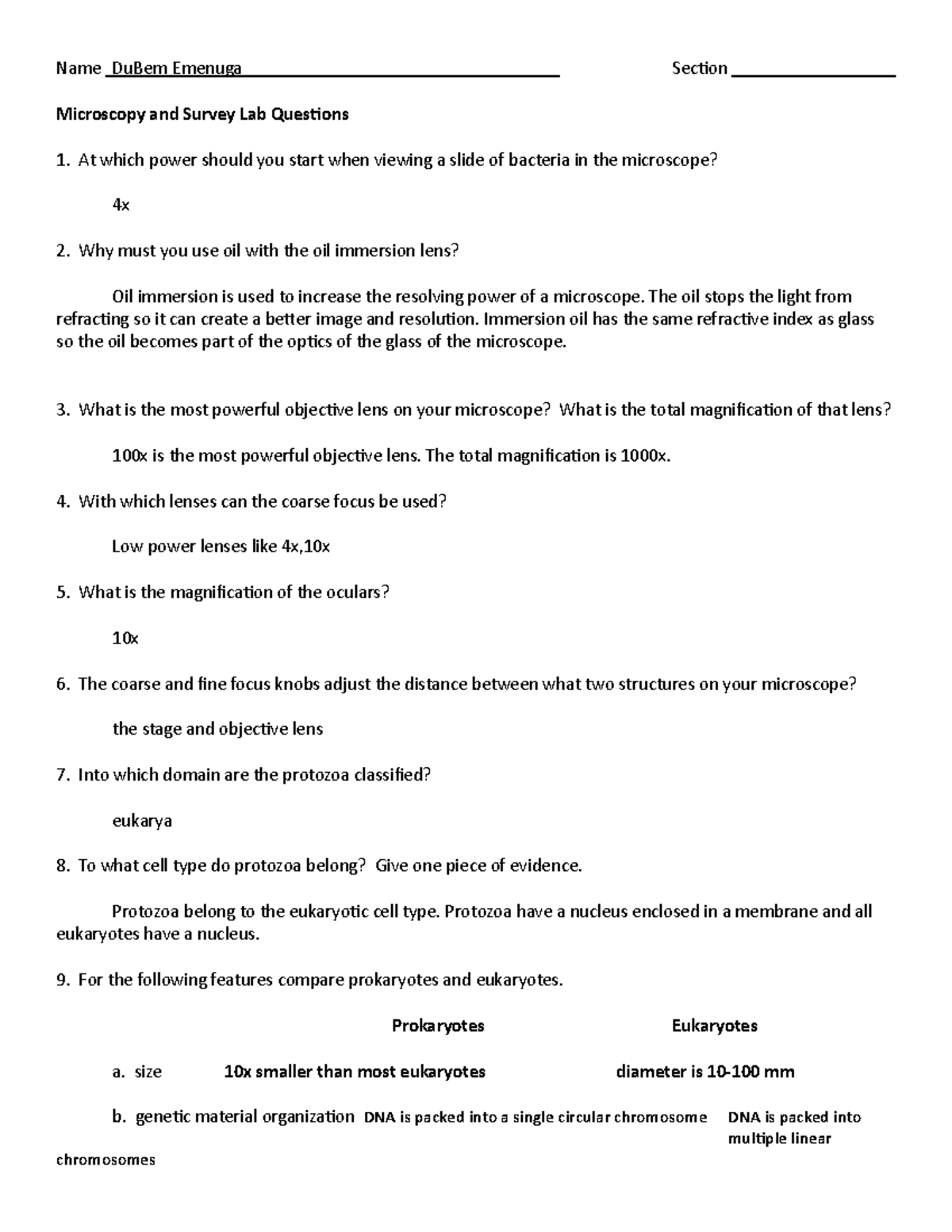 Microscopy and Survey Lab Questions - Name DuBem Emenuga Section ...