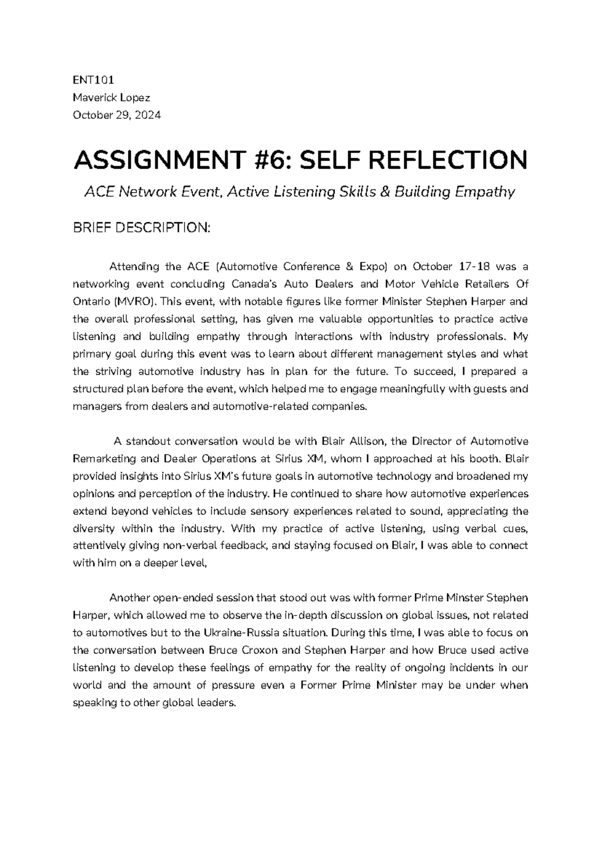 ENT Assignment 6 SELF Reflection - ENT Maverick Lopez October 29, 2024 ASSIGNMENT #6: SELF - Studocu