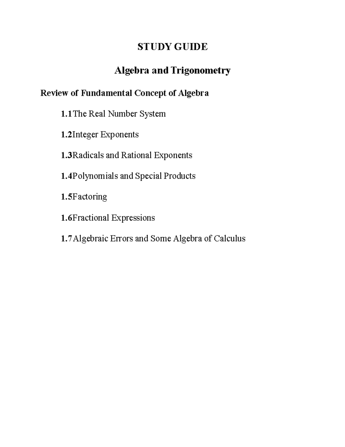 Study Guide- 1 - Basic Notes for Trig - STUDY GUIDE Algebra and ...