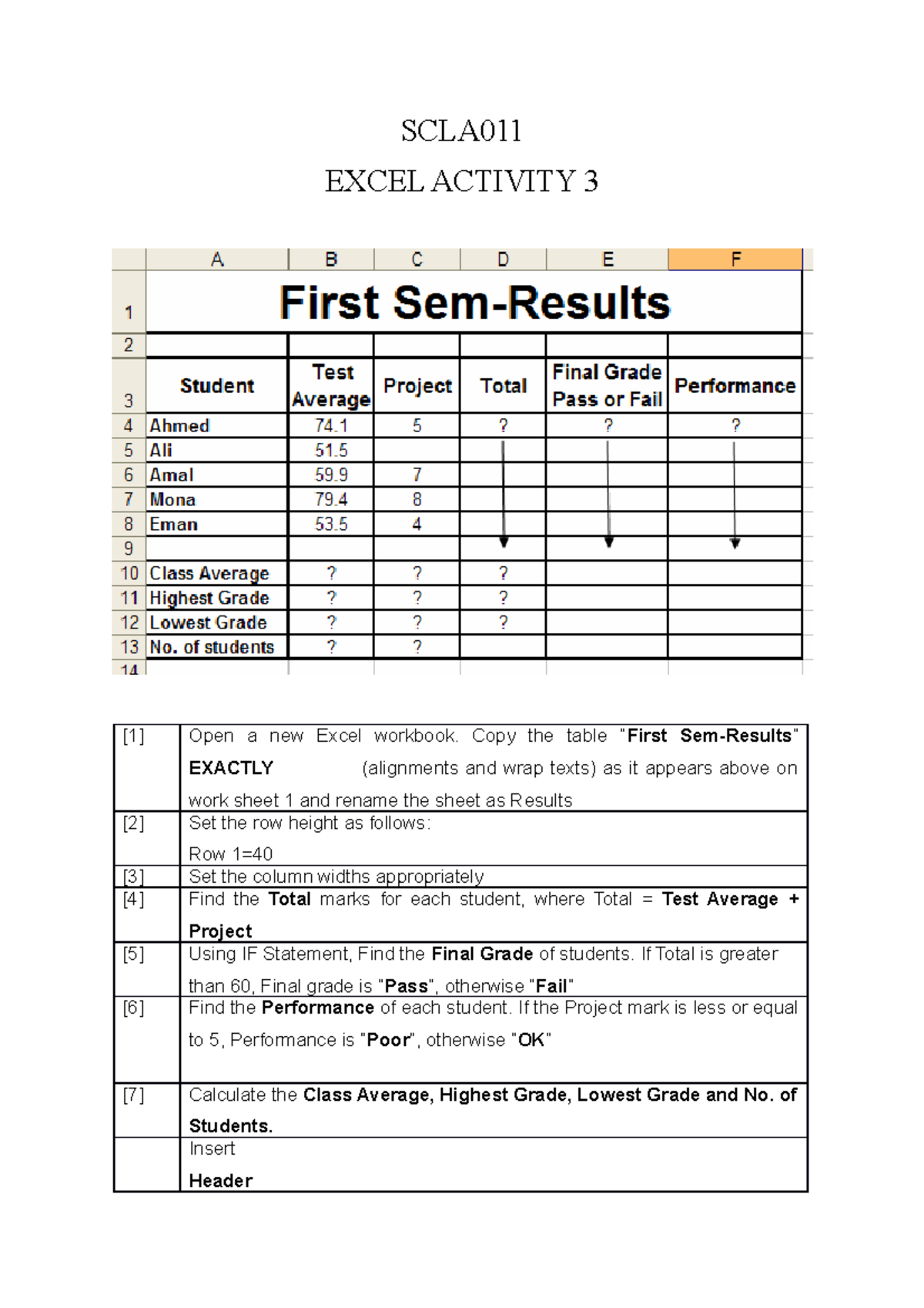 Excel Activity 3 computer literacy - SCLA EXCEL ACTIVITY 3 [1] Open a ...