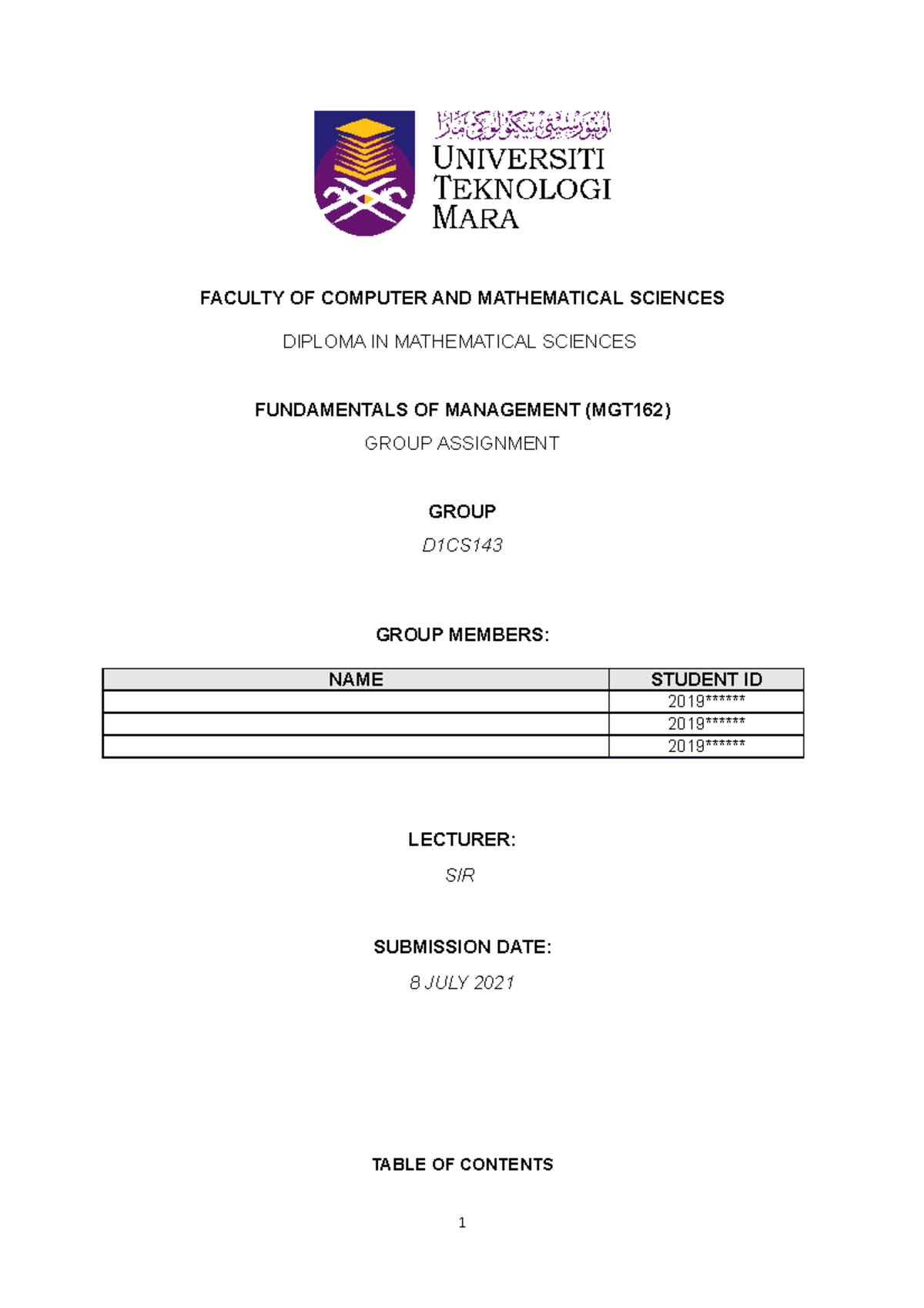 MGT162 Group Assignment - fundamental of management - UiTM - Studocu