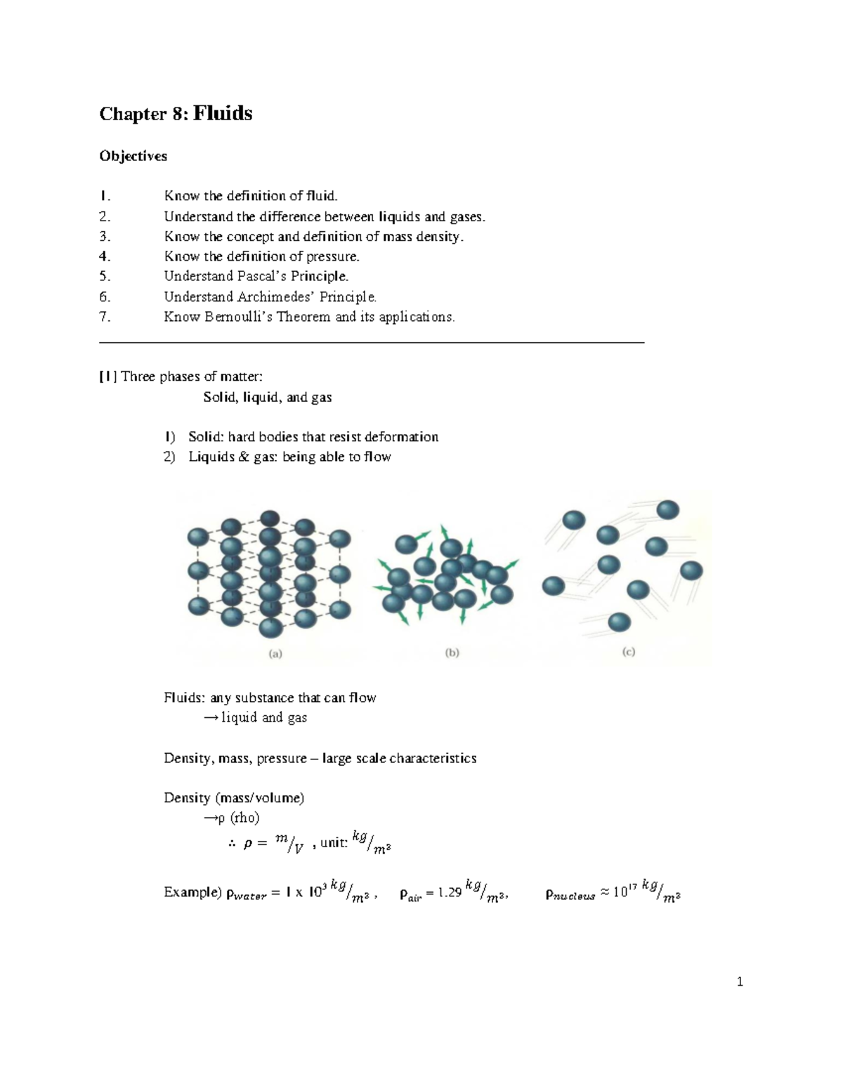Chapter 8 - Practice Materials - Chapter 8: Fluids Objectives Know the ...