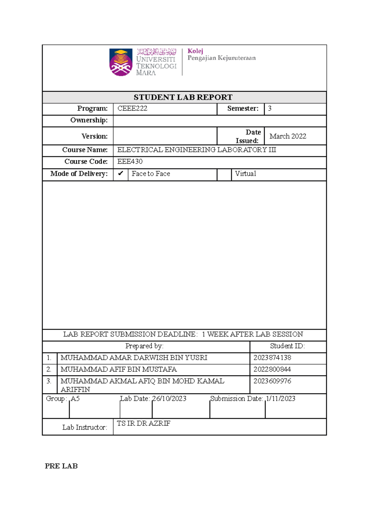 LAB2 EL1( Group A5) - PRACTICAL AND EXAMPLE - STUDENT LAB REPORT ...