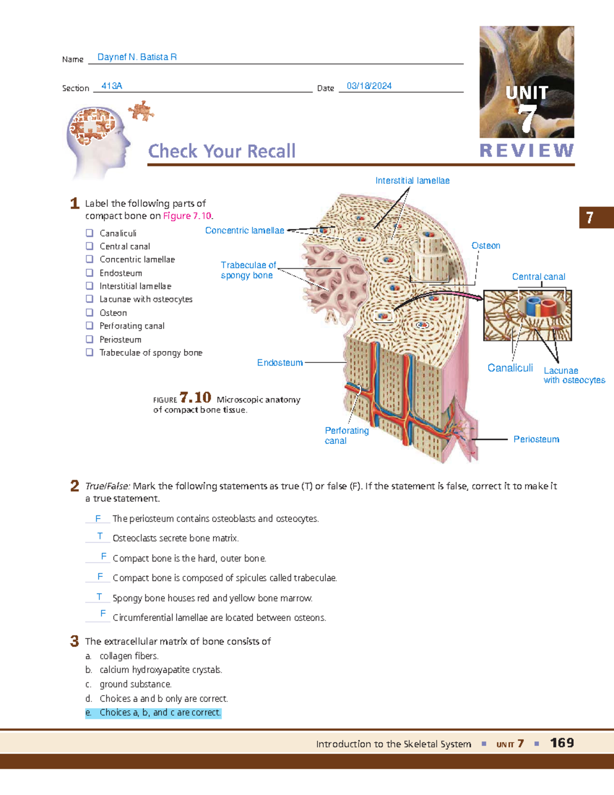 Unit 7 Lab Report - Introduction to the Skeletal System UNIT 7 169 7 1 Label the following parts ...