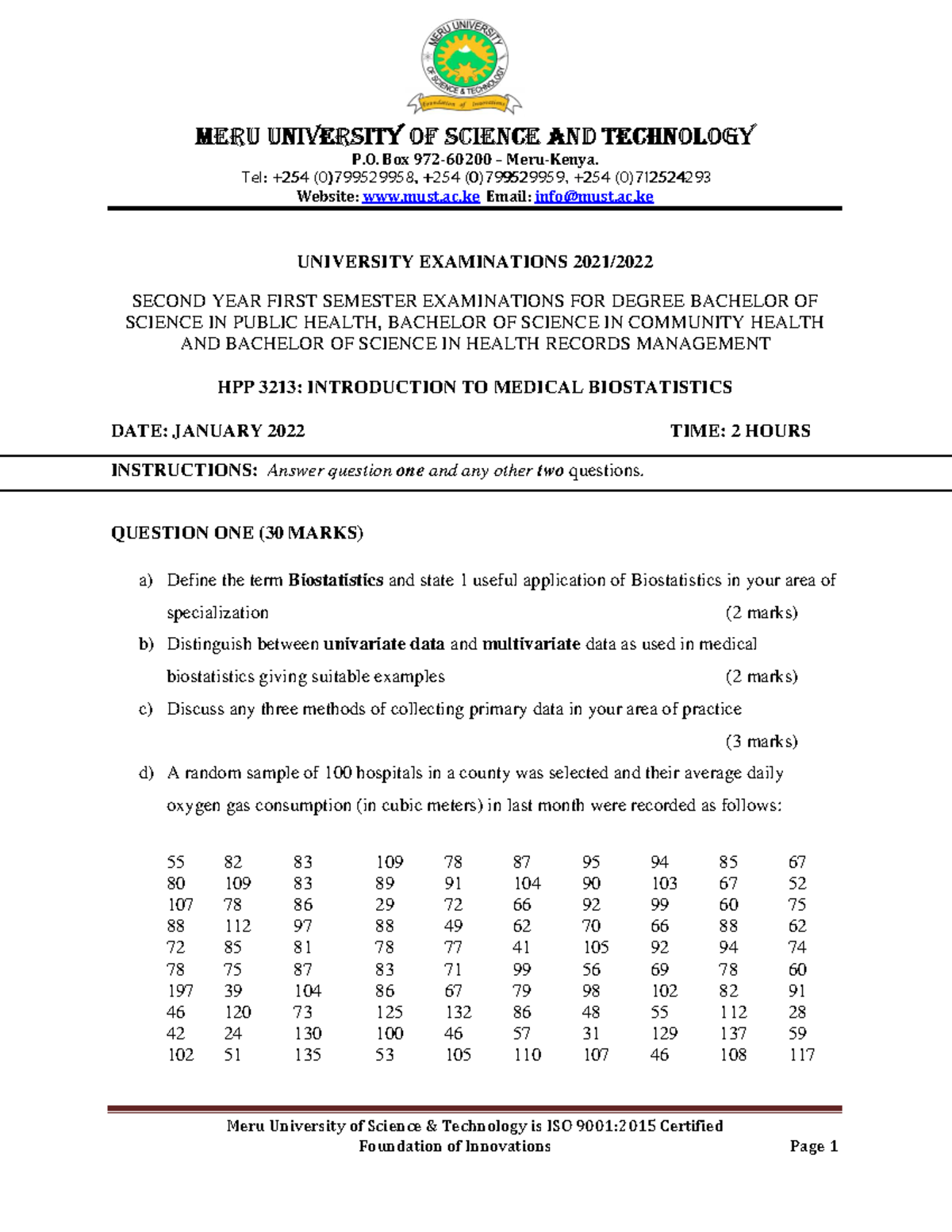 HPP 3213 Introduction TO Medical Biostatistics - Meru University of ...