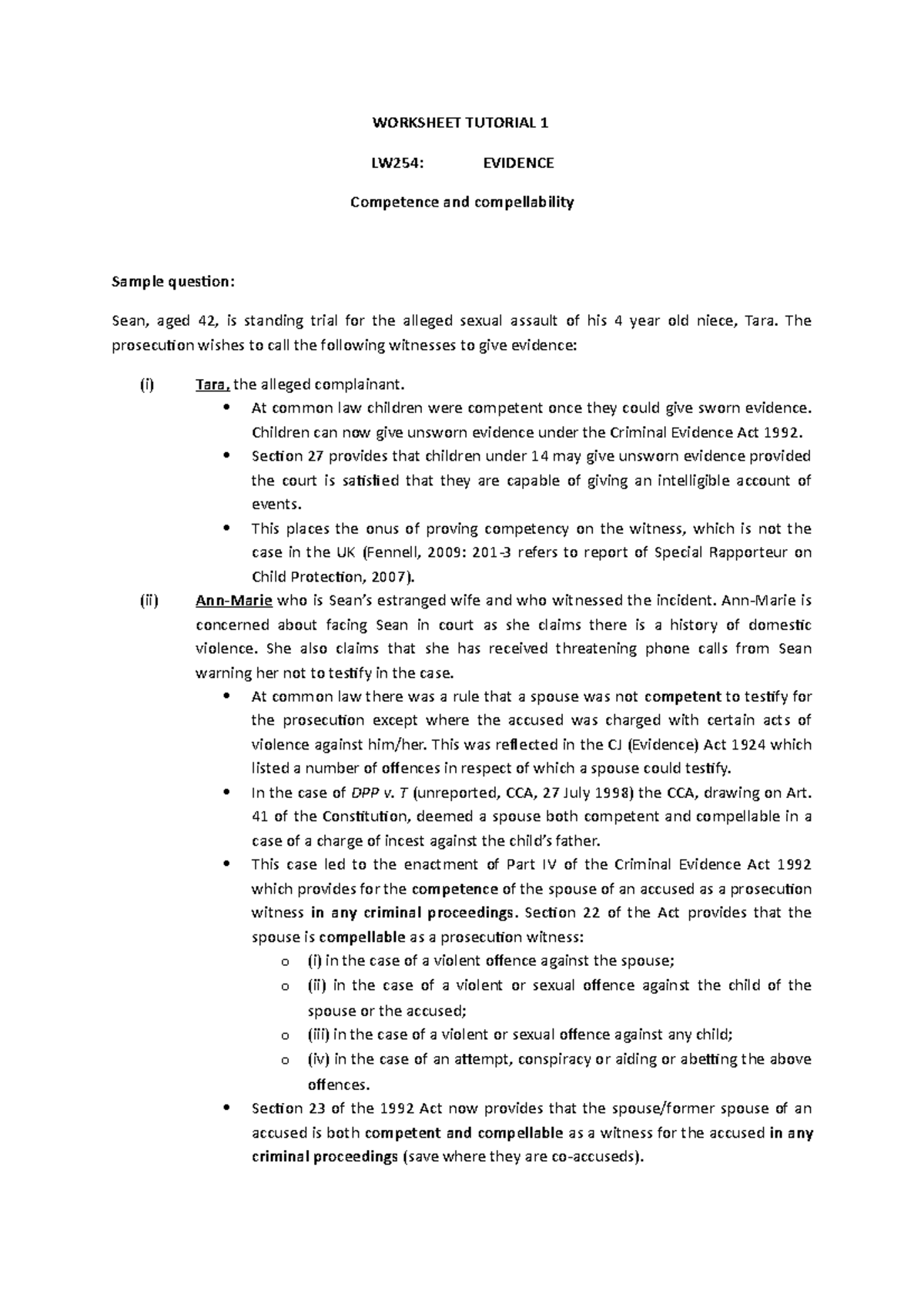 Evidence Tutorial 1 - Competence and compellability - WORKSHEET ...