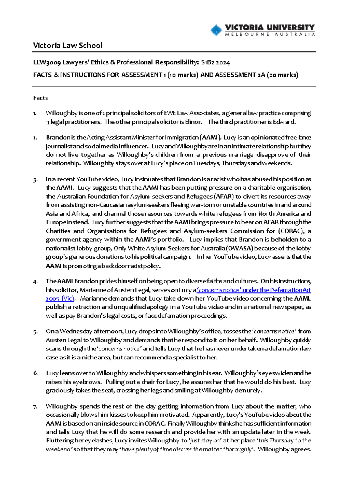 LLW3009 S1B2 2024 Facts & Instructions for Assessments 1 & 2A ...