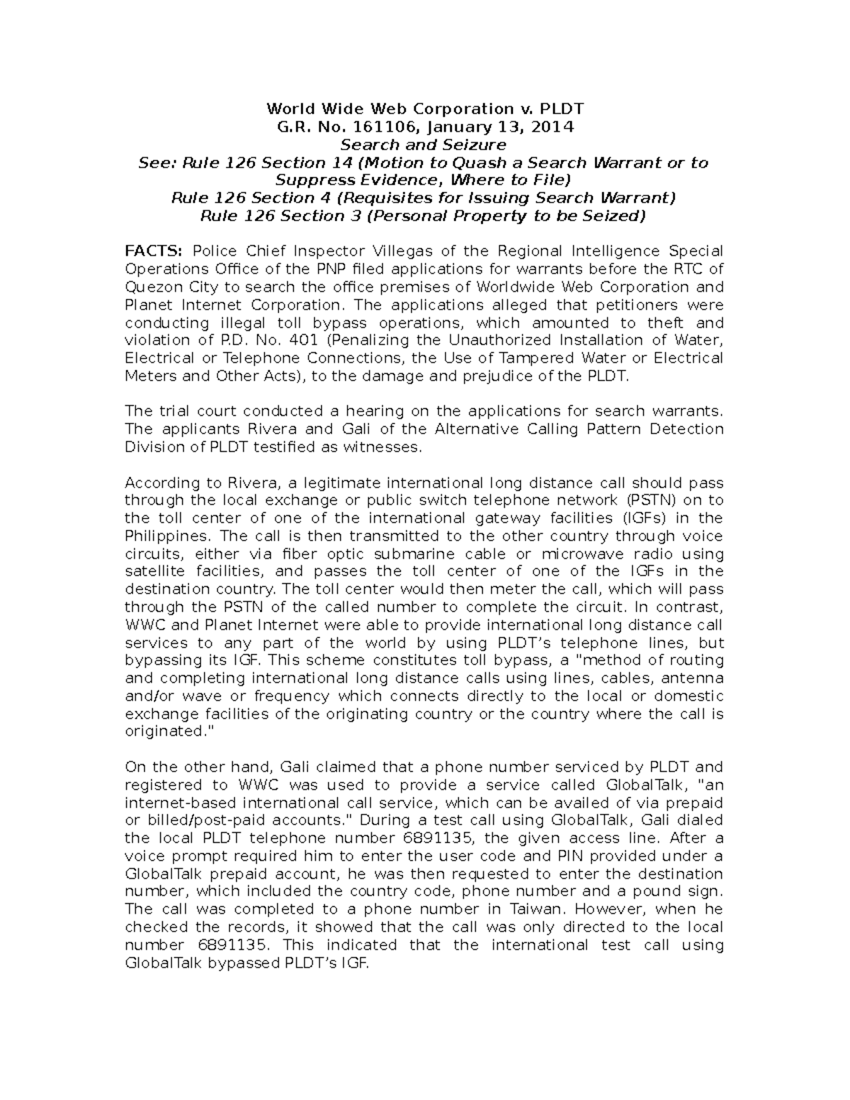 266156991 World Wide Web Corporation v PLDT G R No 161106 Case Digest ...