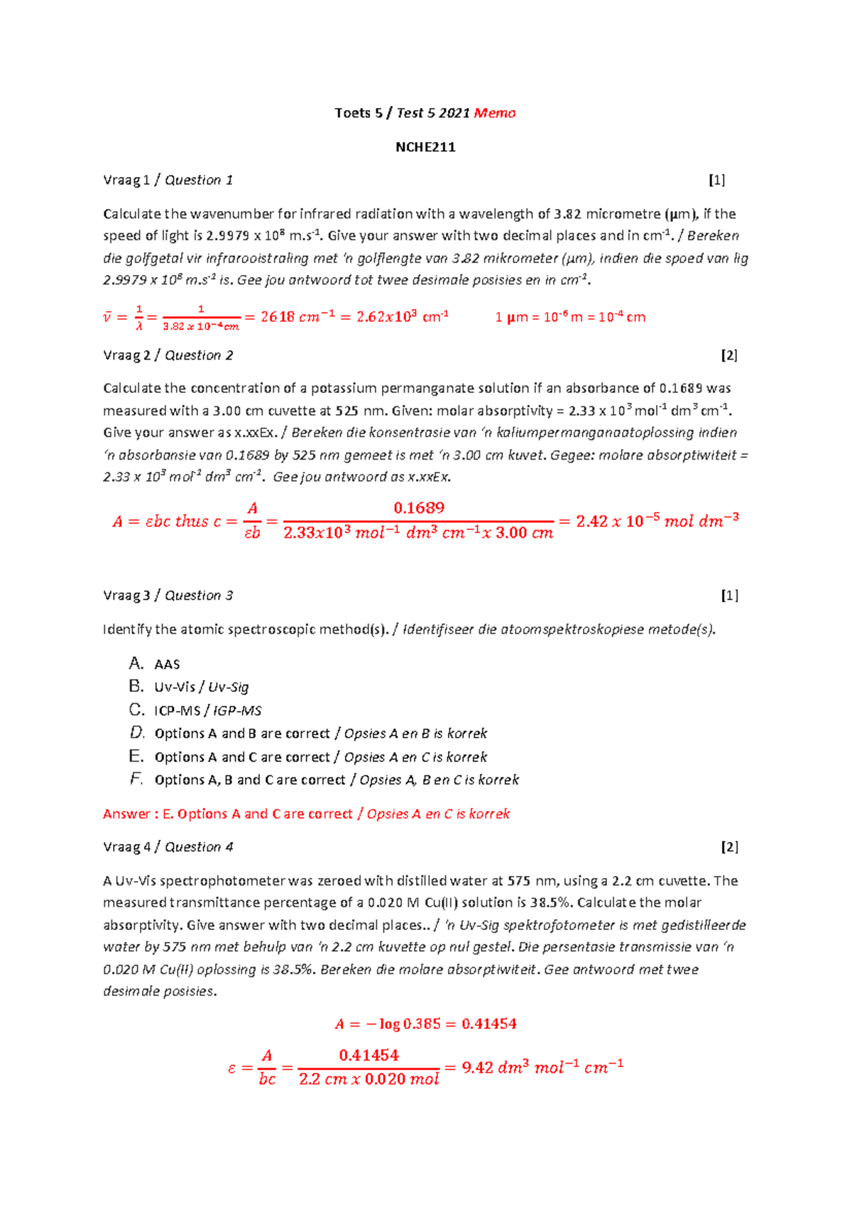 Test 5 memo - Spectrophotometry - Toets 5 / Test 5 2021 Memo NCHE Vraag ...