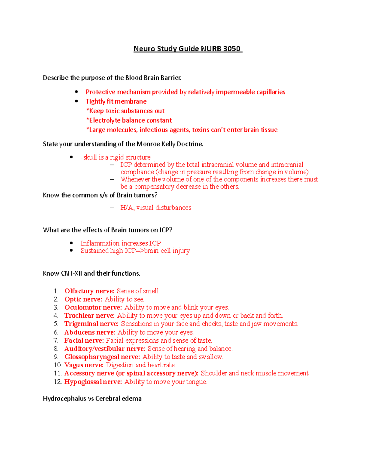 Neuro Study Guide NURB 3050 - Neuro Study Guide NURB 3050 Describe the ...