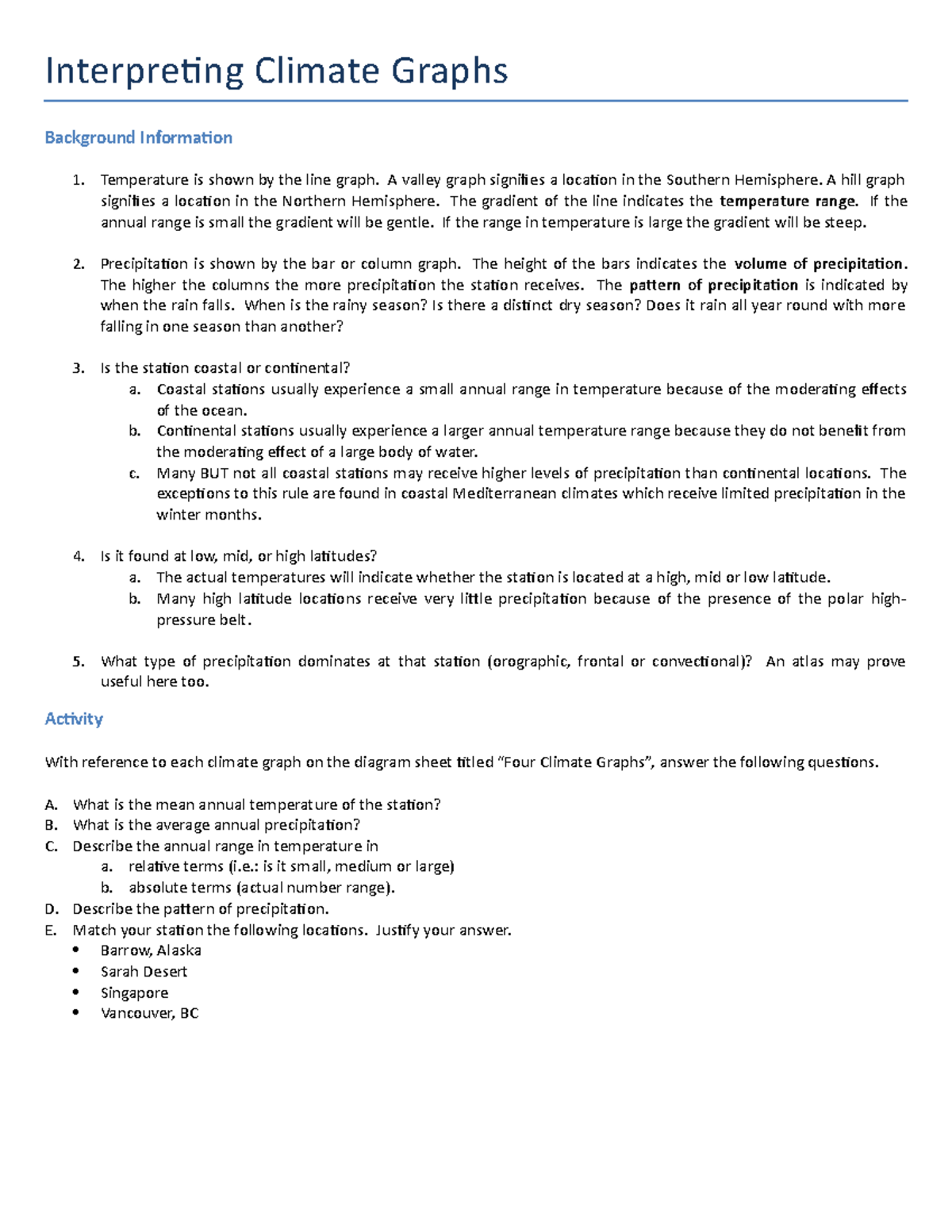 G12 Climographs Interpretion Activity - Interpreting Climate Graphs Background Information - Studocu