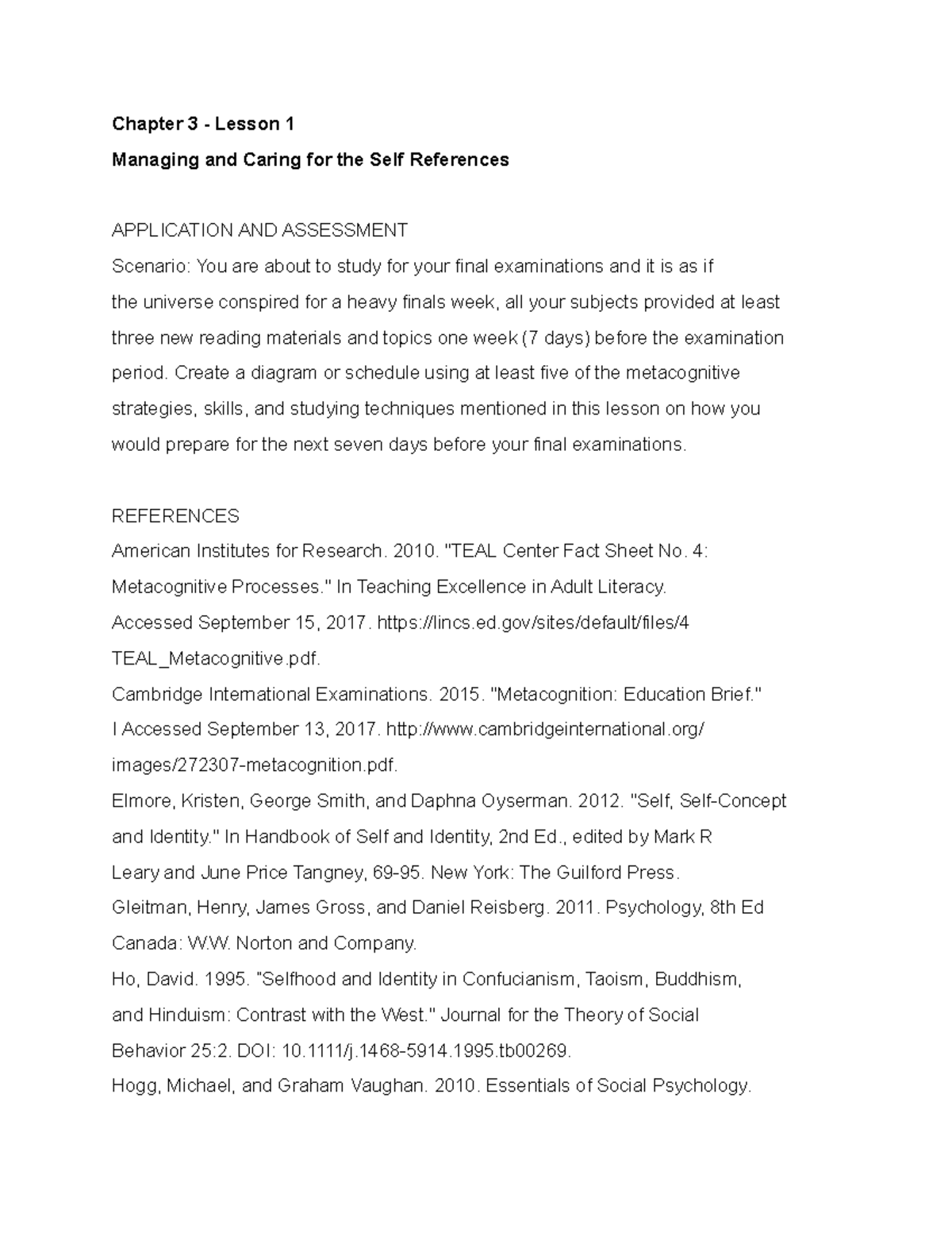 Managing and Caring for the Self References - Chapter 3 - Lesson 1 ...