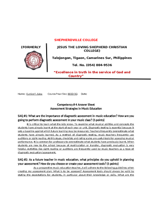 Answersheet #5 - Module - SHEPHERDVILLE COLLEGE (FORMERLY JESUS THE ...