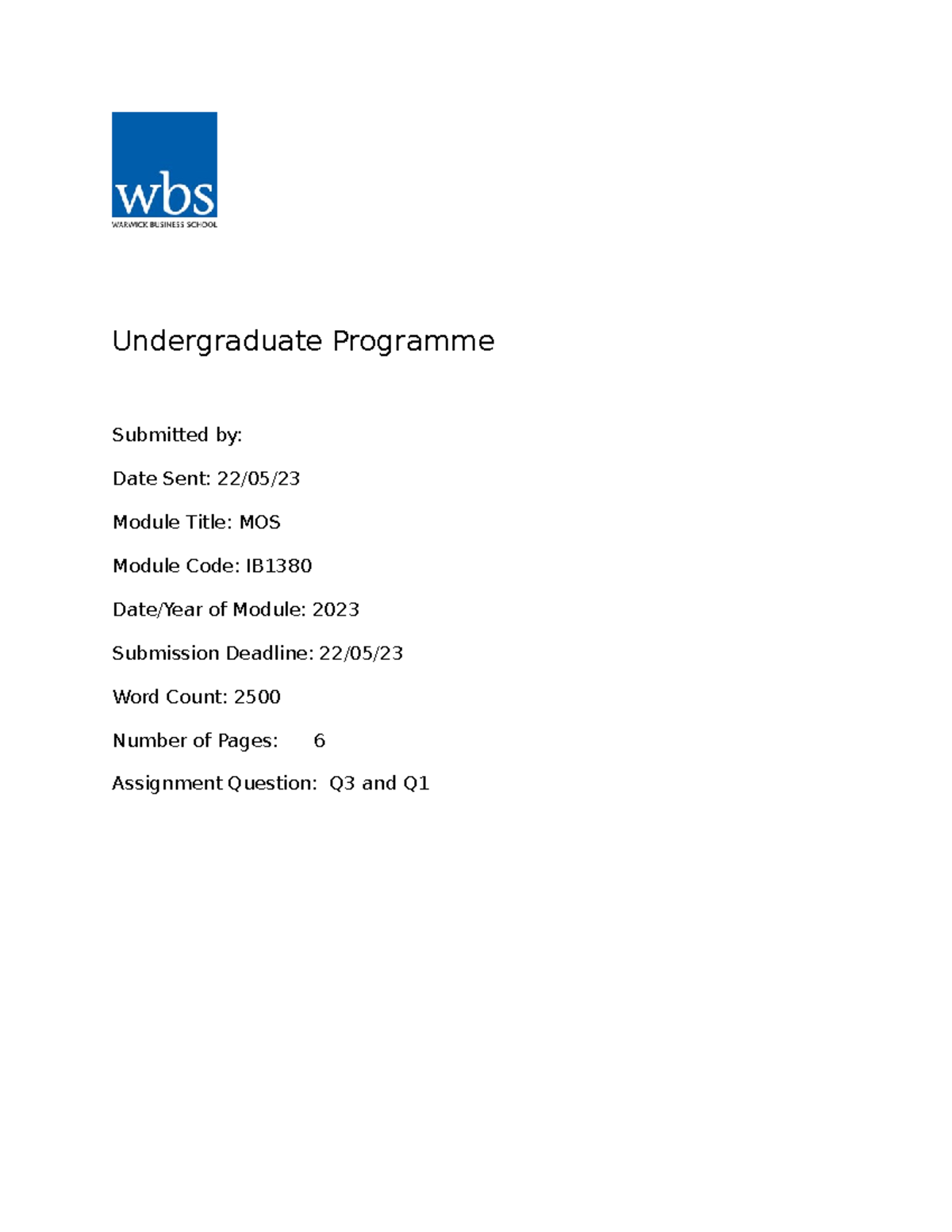 MOS Final Exam - Undergraduate Programme Submitted by: Date Sent: 22/05/ Module Title: MOS ...