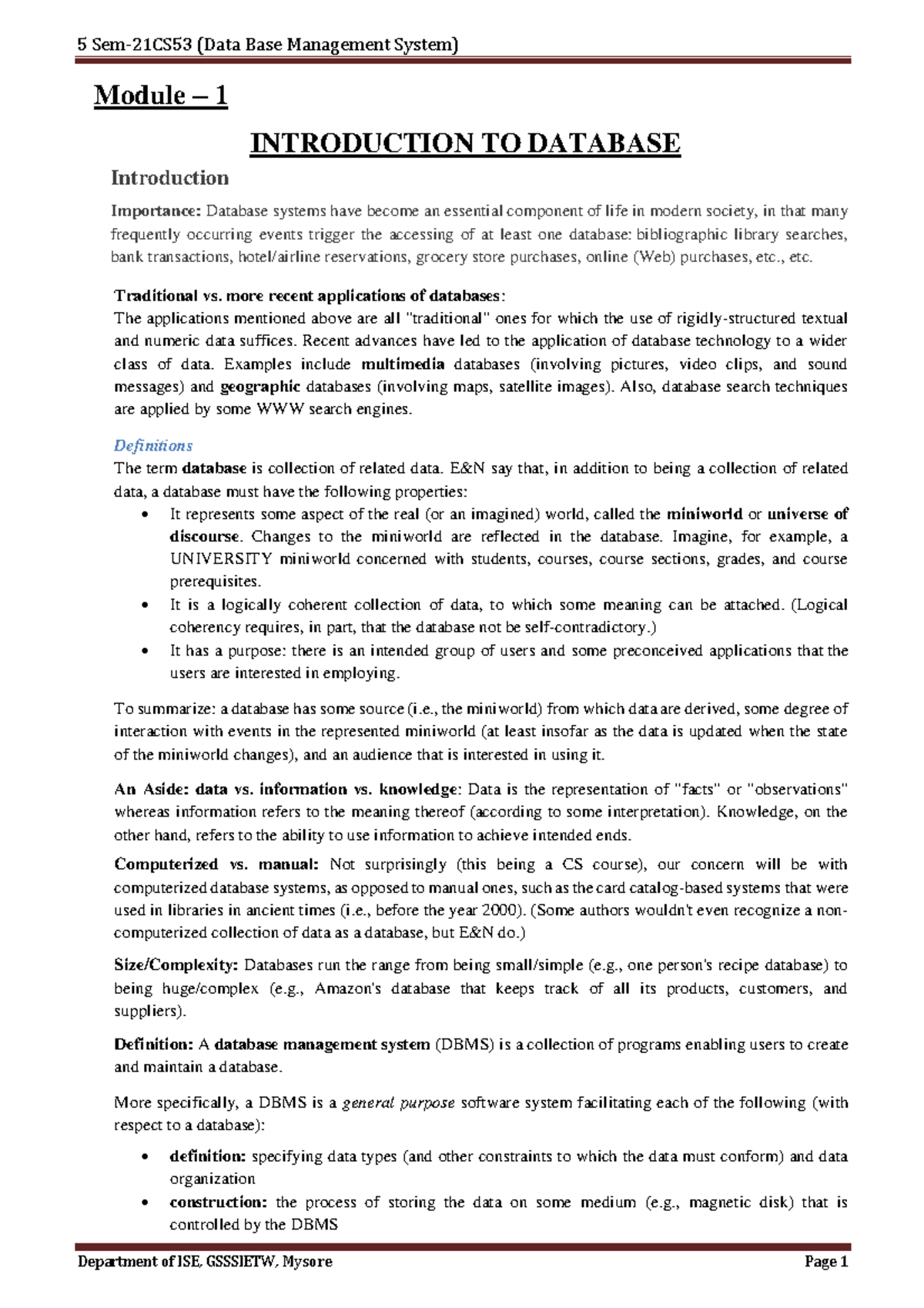 DBMS Notes - Module – 1 INTRODUCTION TO DATABASE Introduction ...