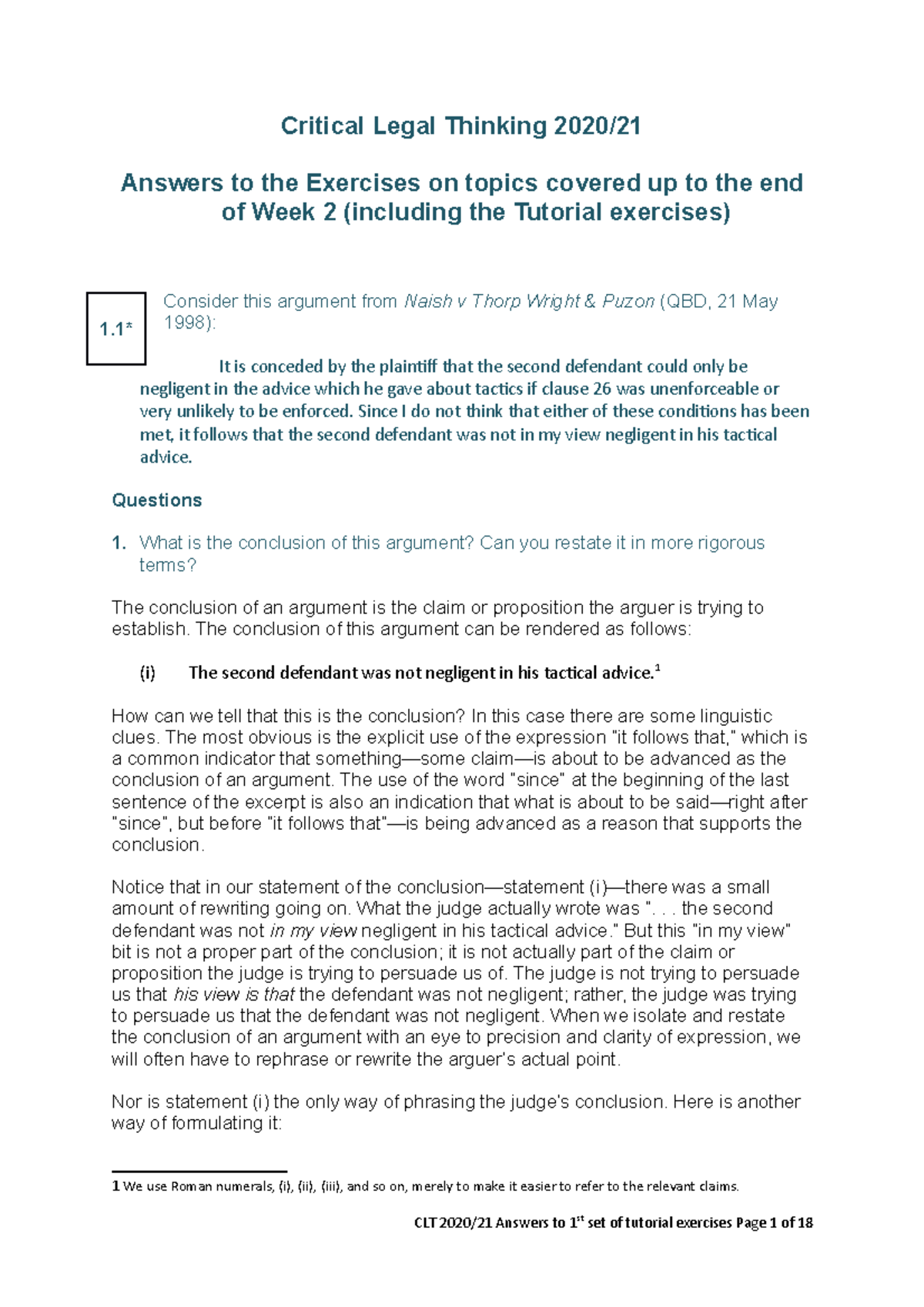 CLT week 2 tut answers - Critical Legal Thinking 2020/ Answers to the ...