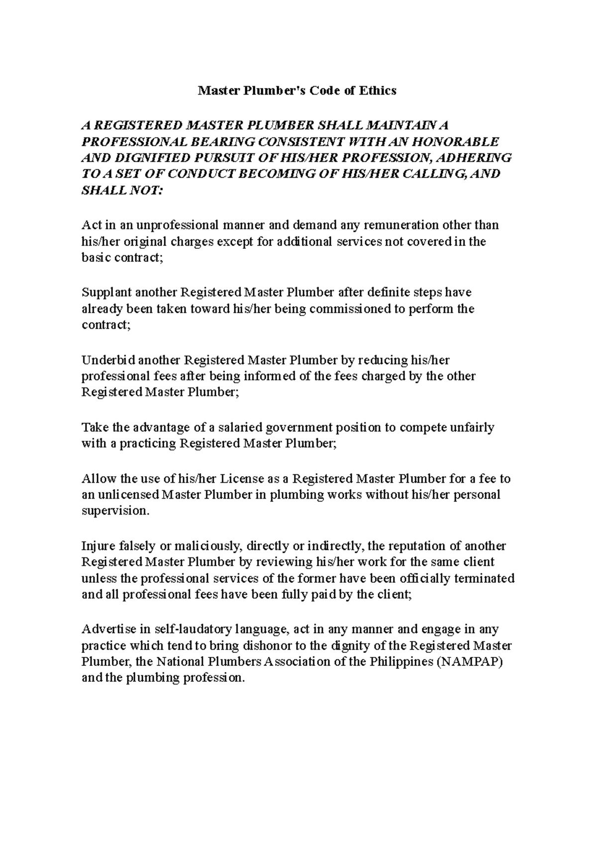 Master Plumber Code of Ethics - Injure falsely or maliciously, directly ...