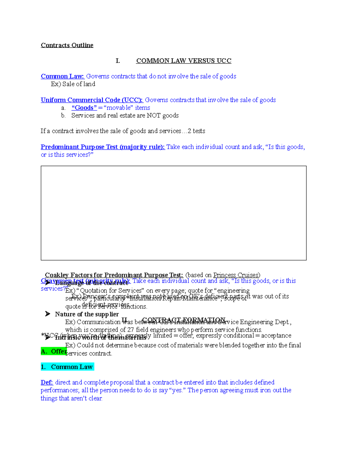 Contracts - Course Outline - Contracts Outline I. COMMON LAW VERSUS UCC ...