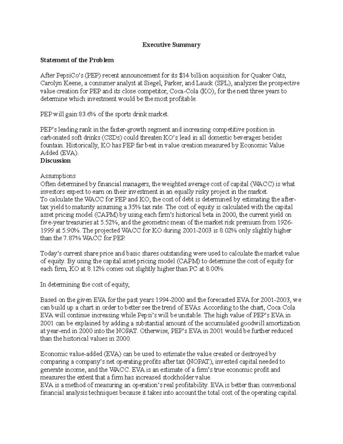 Coke Pepsi ES - Executive Summary Statement of the Problem After ...