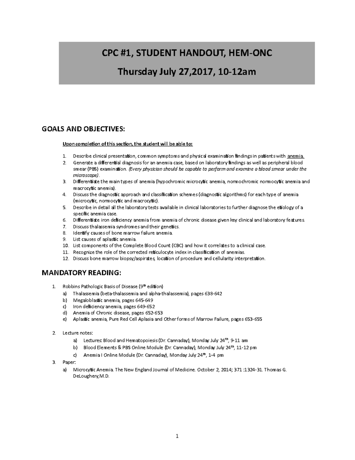CPC 1 Student Handout - Lecture notes - CPC #1, STUDENT HANDOUT, HEM ...