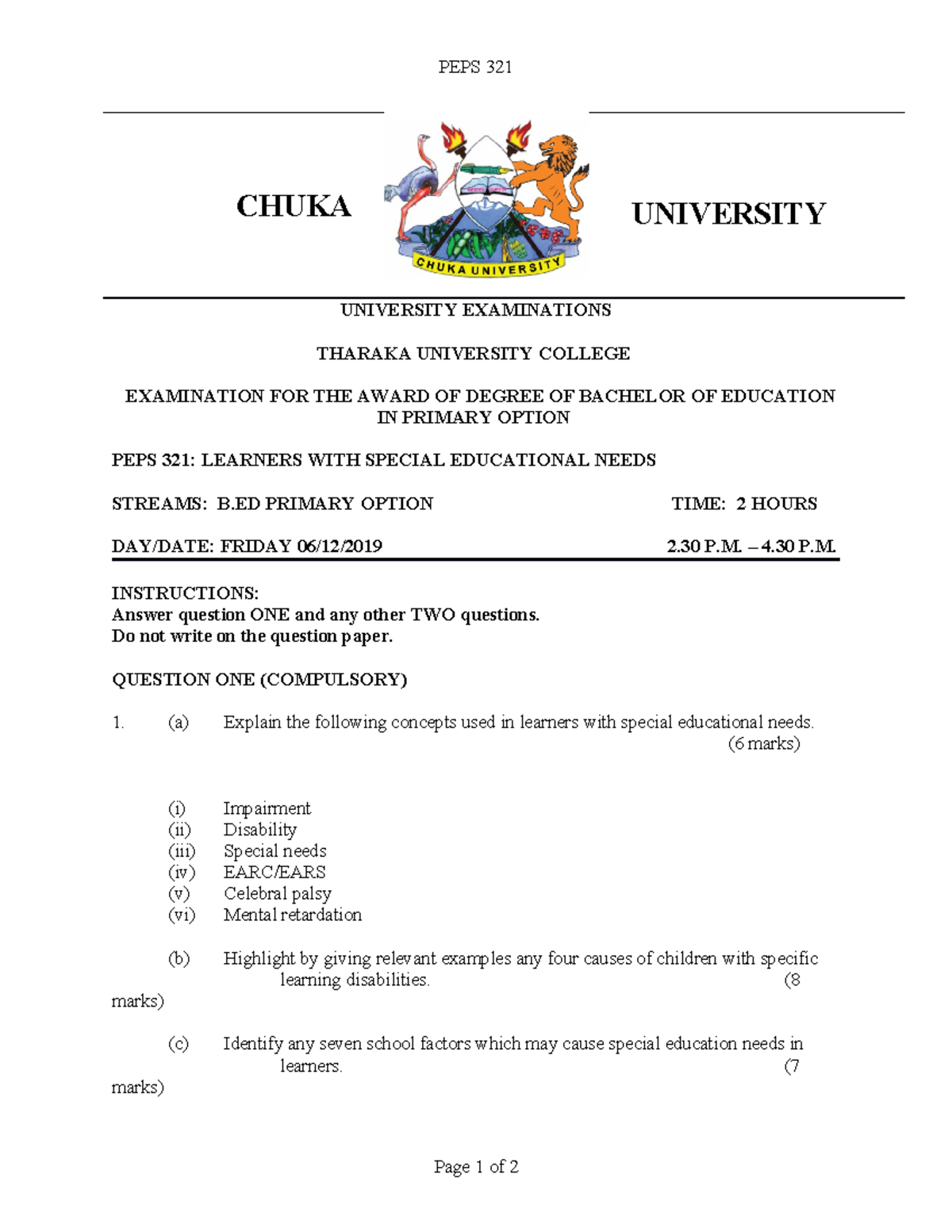 PEPS 321 - Summary Education - PEPS 321 CHUKA UNIVERSITY UNIVERSITY ...
