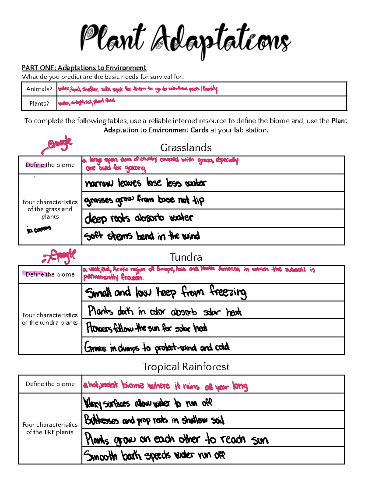Biology notes - PART ONE: Adaptations to Environment What do you ...