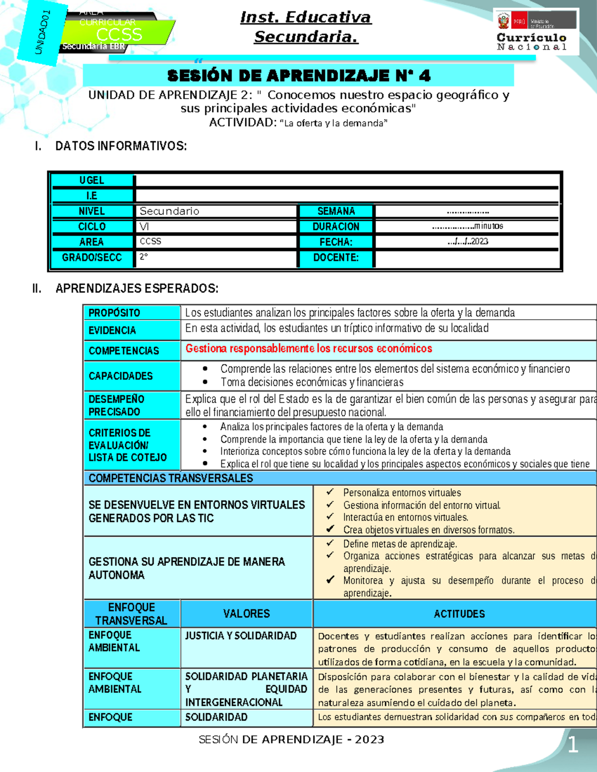 Sesion CCSS 2° SEC- Semana 04 UNI. 2 - CCSS UNIDAD Secundaria EBR CURRICULAR Inst. Educativa ...