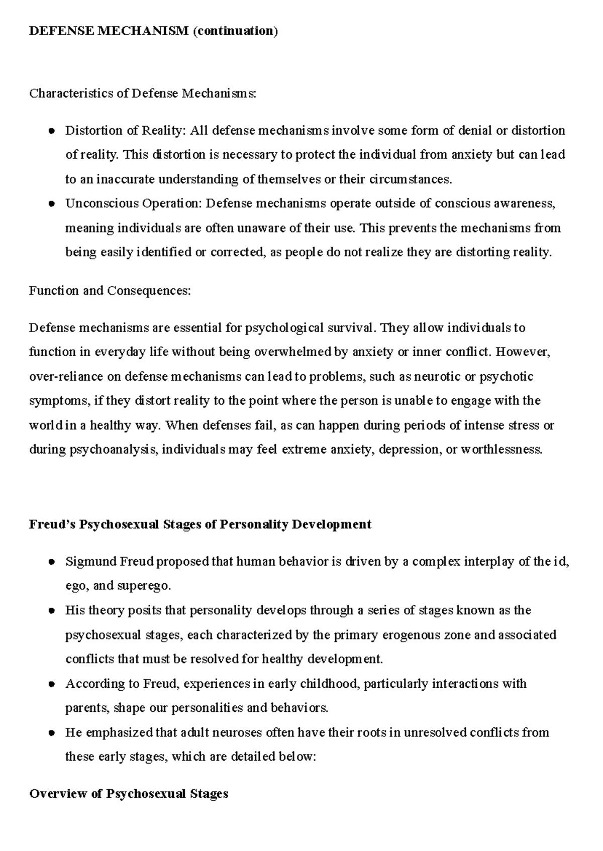 Personality theories - DEFENSE MECHANISM (continuation) Characteristics ...