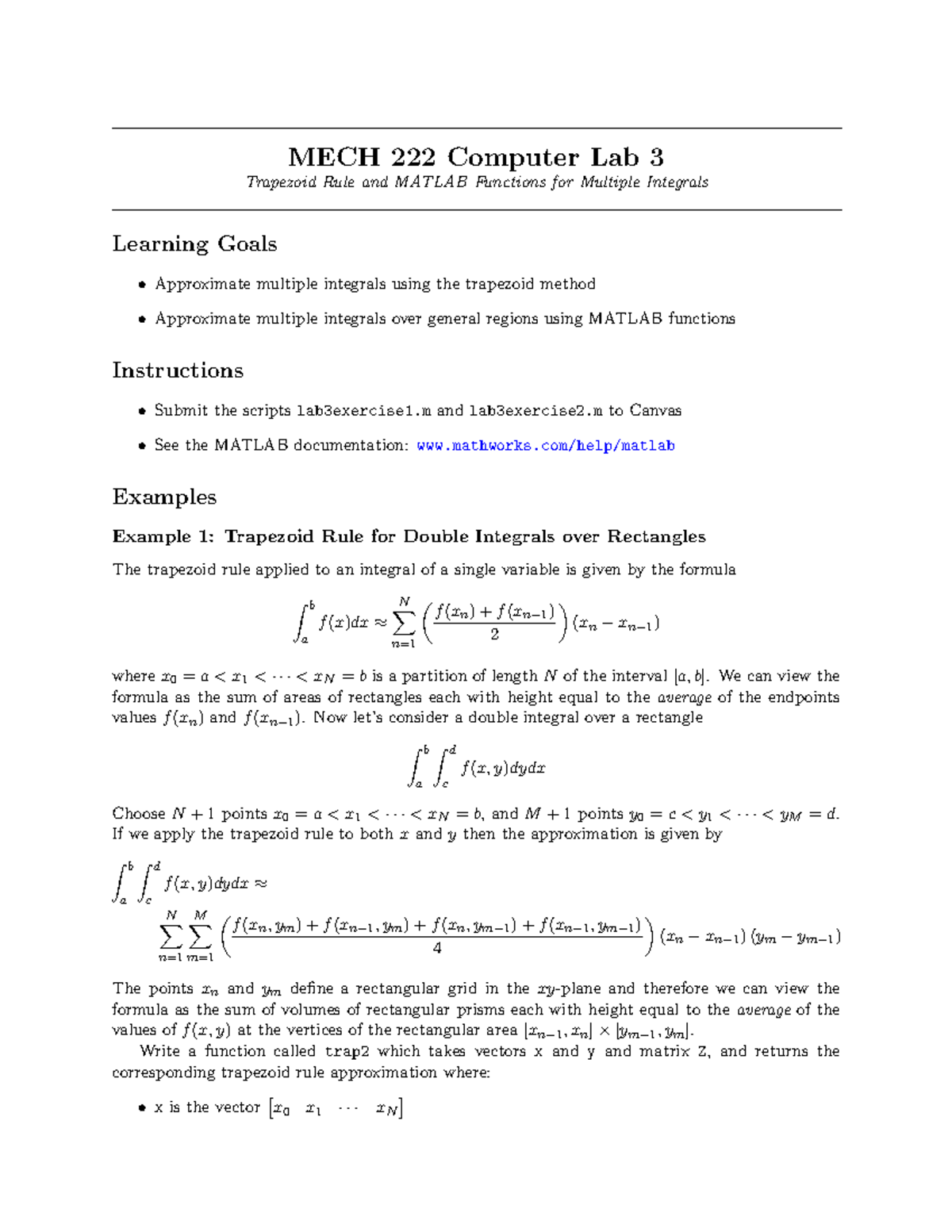 Lab3 - Very important for school (Labs using Matlab) - MECH 222 Computer Lab 3 Trapezoid Rule ...