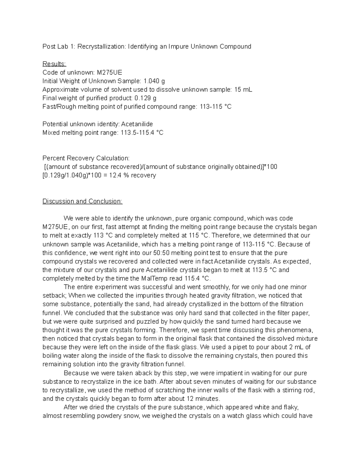 Lab1 Post Lab - Lab1 Post Lab - Post Lab 1: Recrystallization: Identifying an Impure Unknown ...