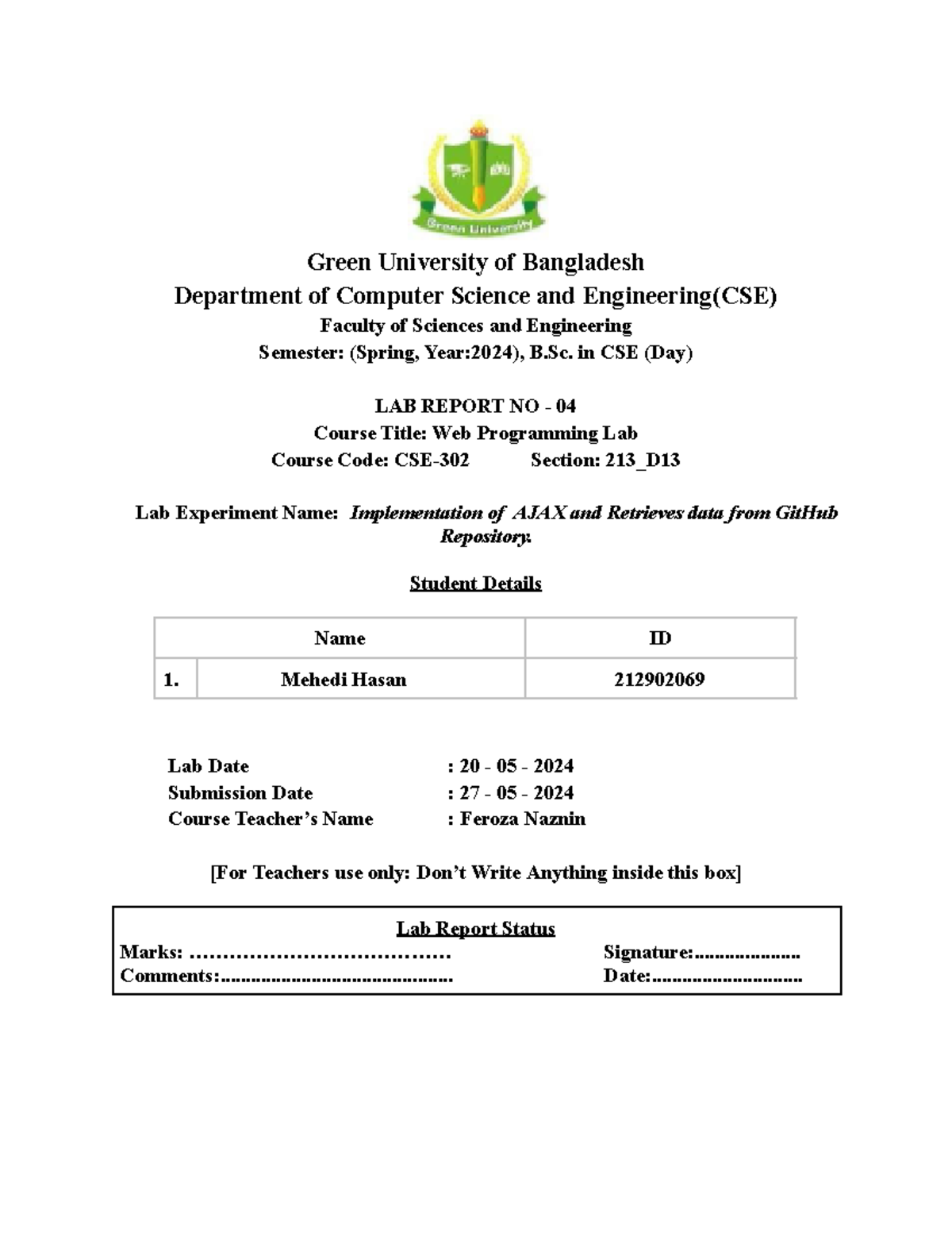 Web 04 final - Implementation of AJAX and Retrieves data from GitHub Repository. - Green ...