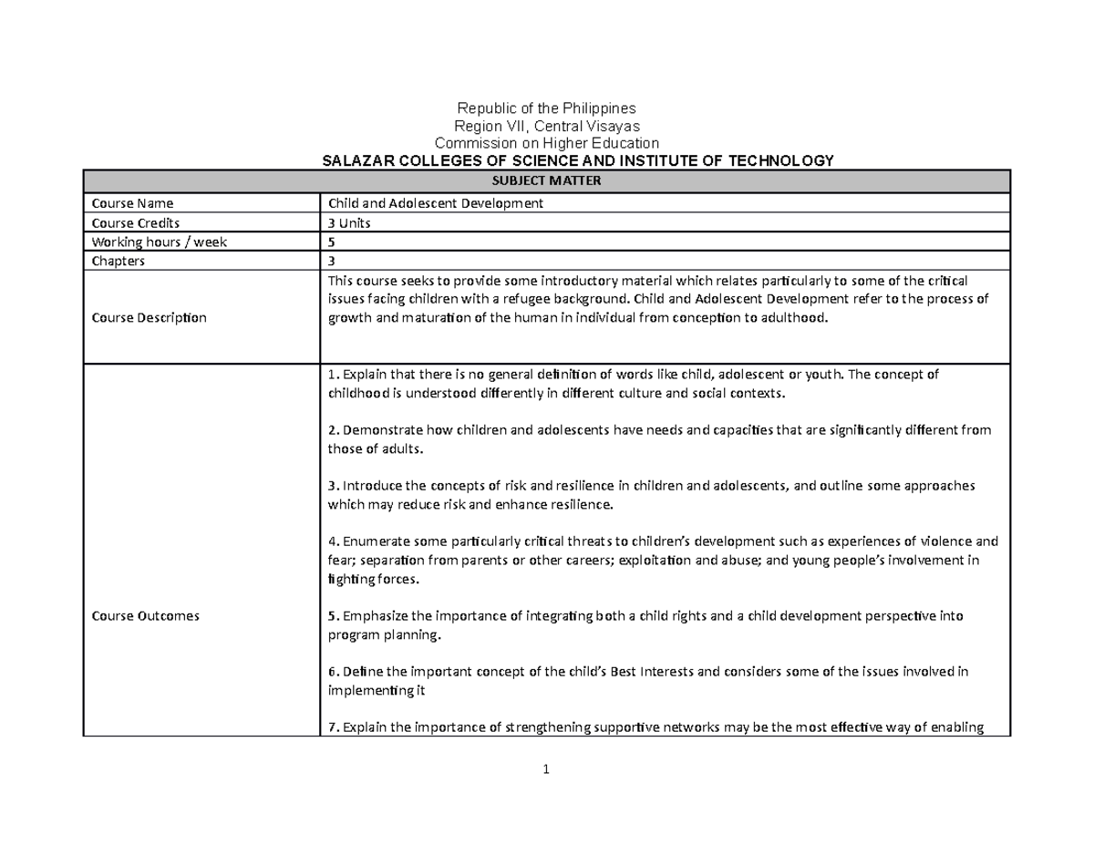Syllabus For Child And Adolescent Development Republic Of The