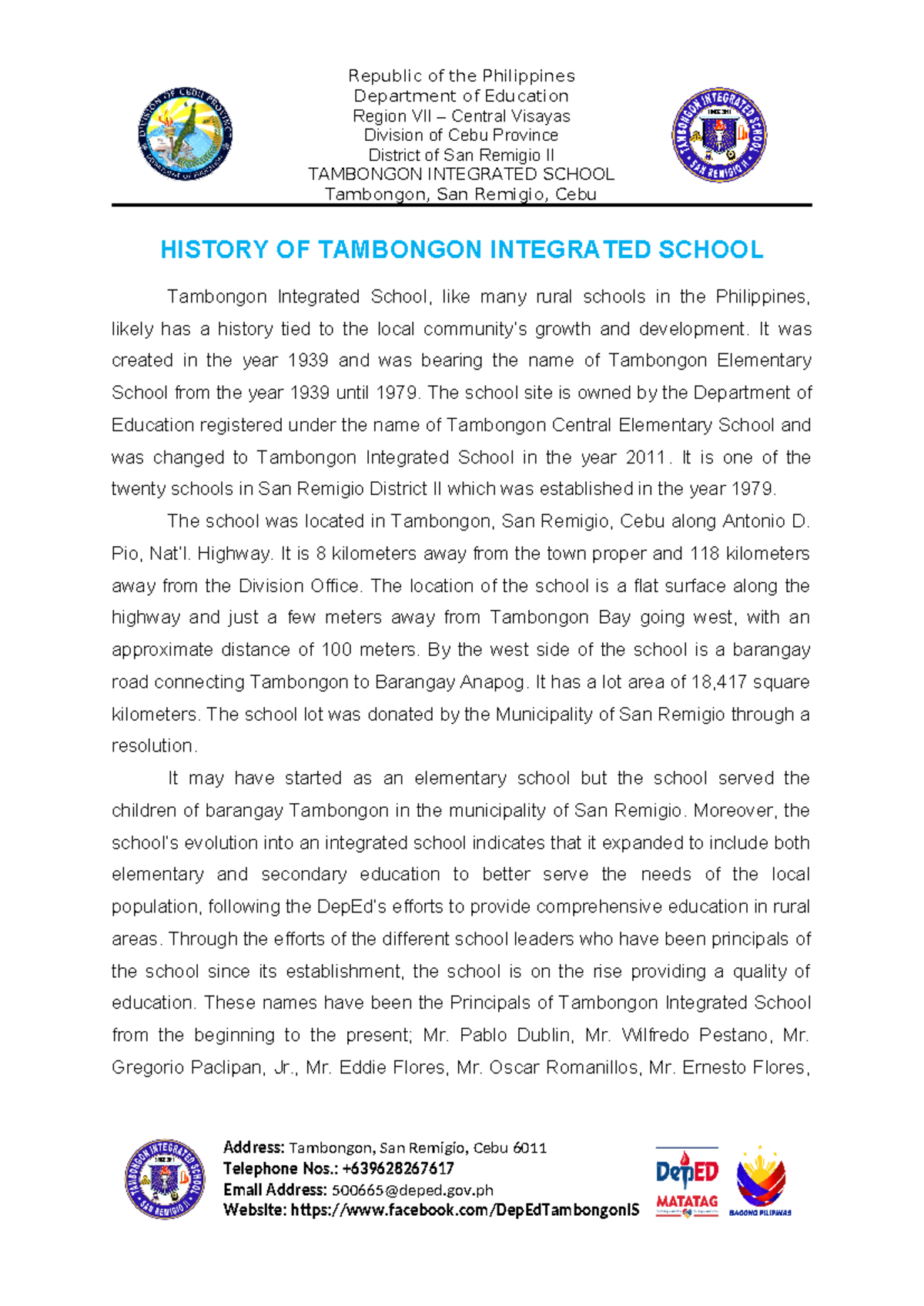 History-of -(TIS) & Barangay Tambongon - Republic of the Philippines ...