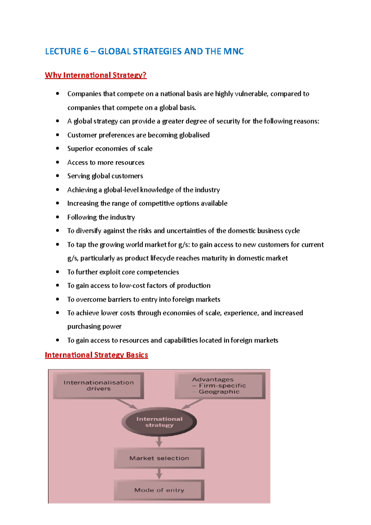 Global Strategies and the MNC notes - LECTURE 6 – GLOBAL STRATEGIES AND ...