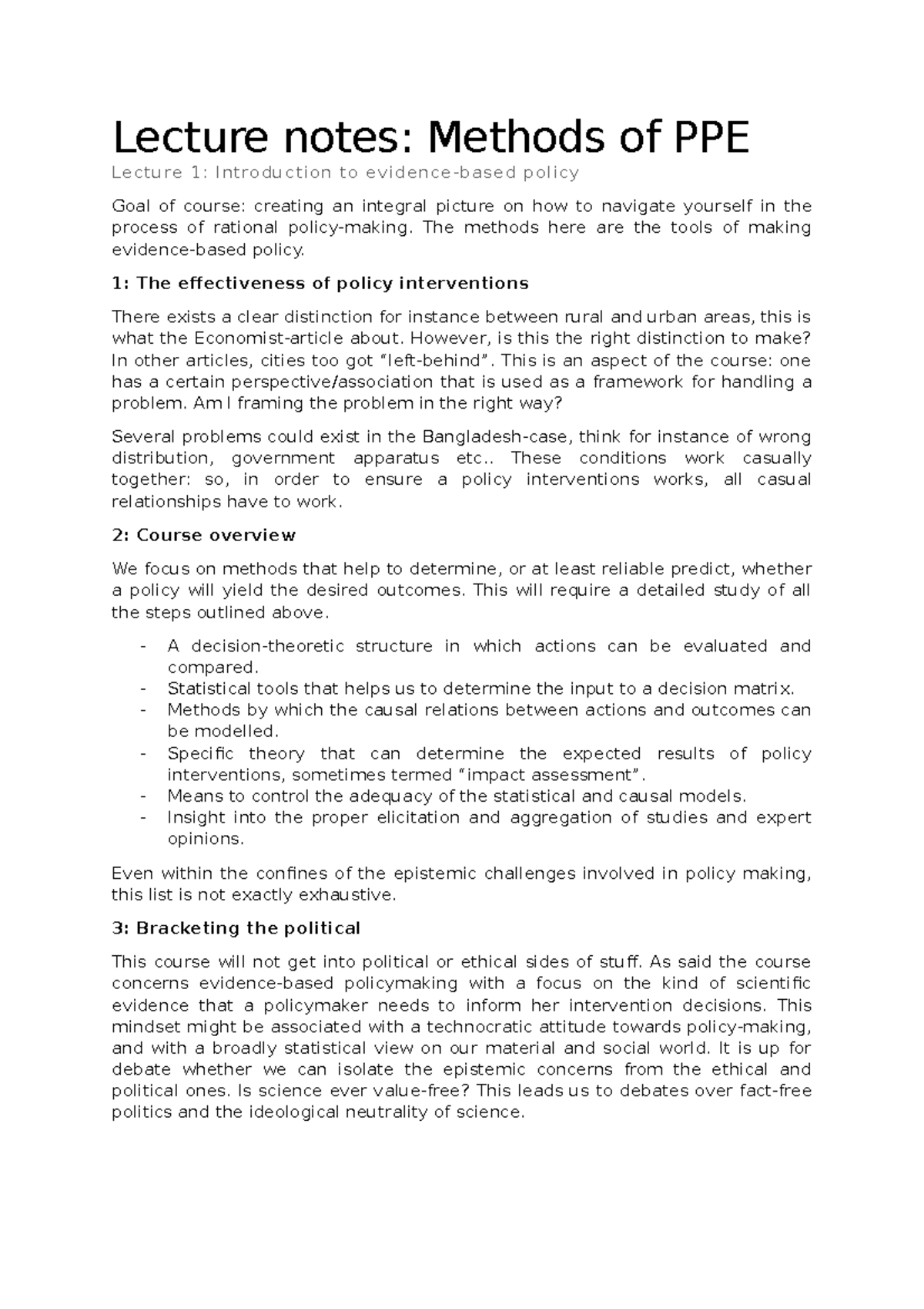 Final Summary Methods of PPE - Lecture notes: Methods of PPE Lecture 1 ...