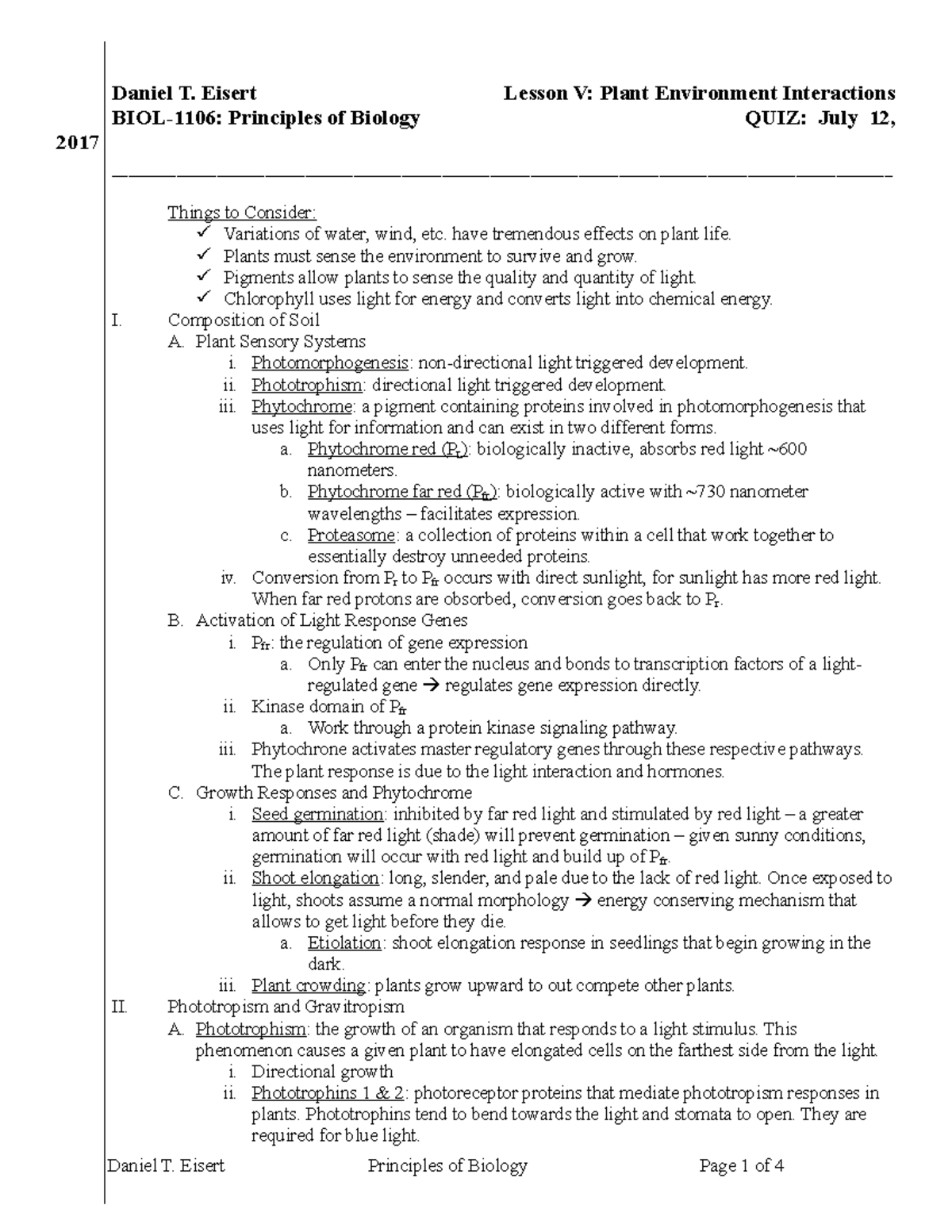 BIOL-1106 - Lesson V - Notes Outline - Daniel T. Eisert Lesson V: Plant ...