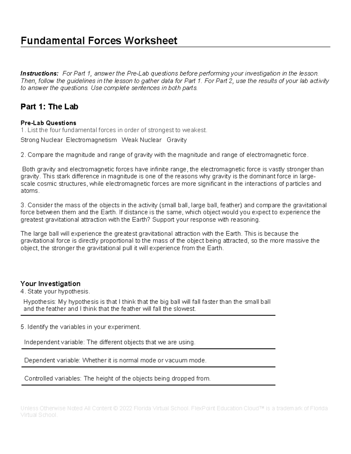 1.06 Physical Science - Forces-3 - Fundamental Forces Worksheet ...