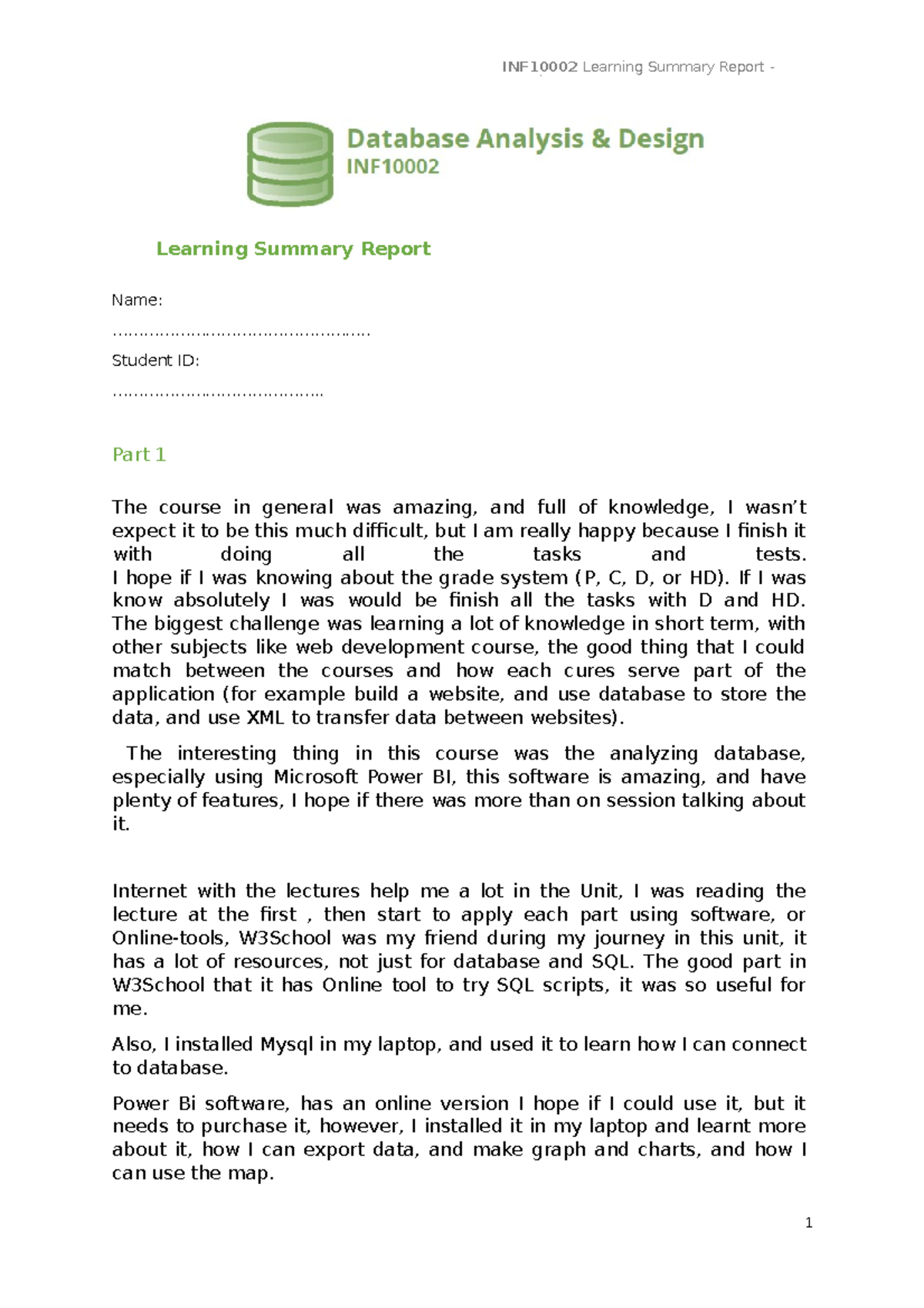 INF10002 LSR Template - INF10002 Learning Summary Report - Template 1 ...