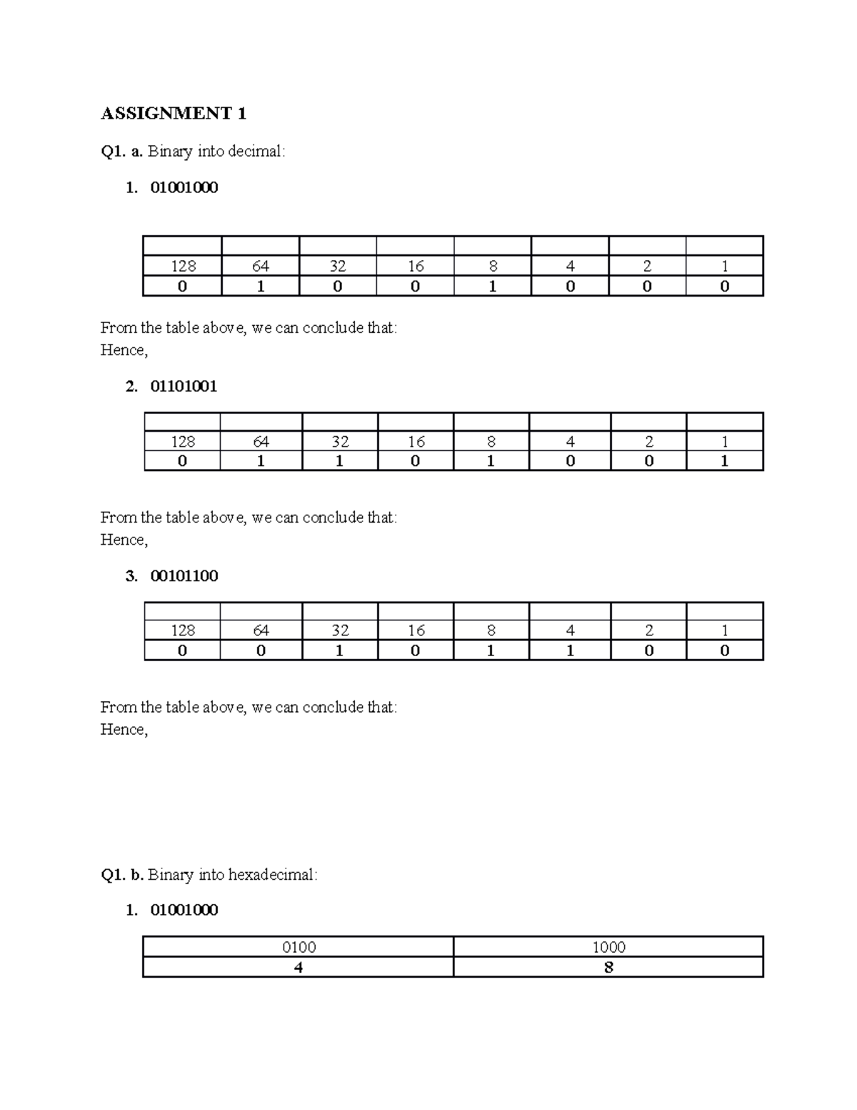 Cs101 Assignment Assignment 1 Q1 A Binary Into Decimal 01001000 128 64 32 16 8 4 2 1 0 1 0