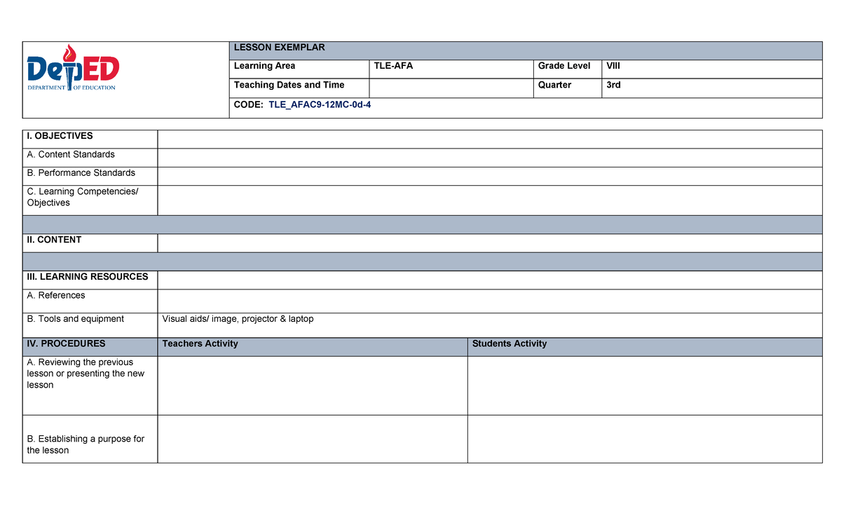 DLP Format COPY - LESSON EXEMPLAR Learning Area TLE-AFA Grade Level ...