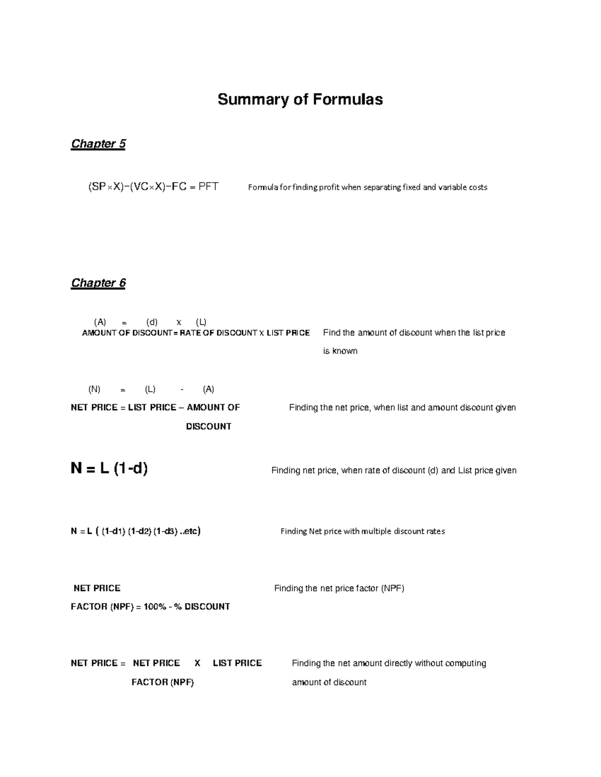 Summary of Formulas - Final Test - Summary of Formulas Chapter 5 (SP×X ...