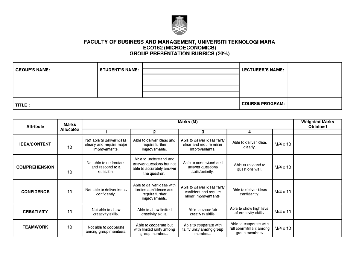 Rubrics ( Presentation) ECO162 - FACULTY OF BUSINESS AND MANAGEMENT ...